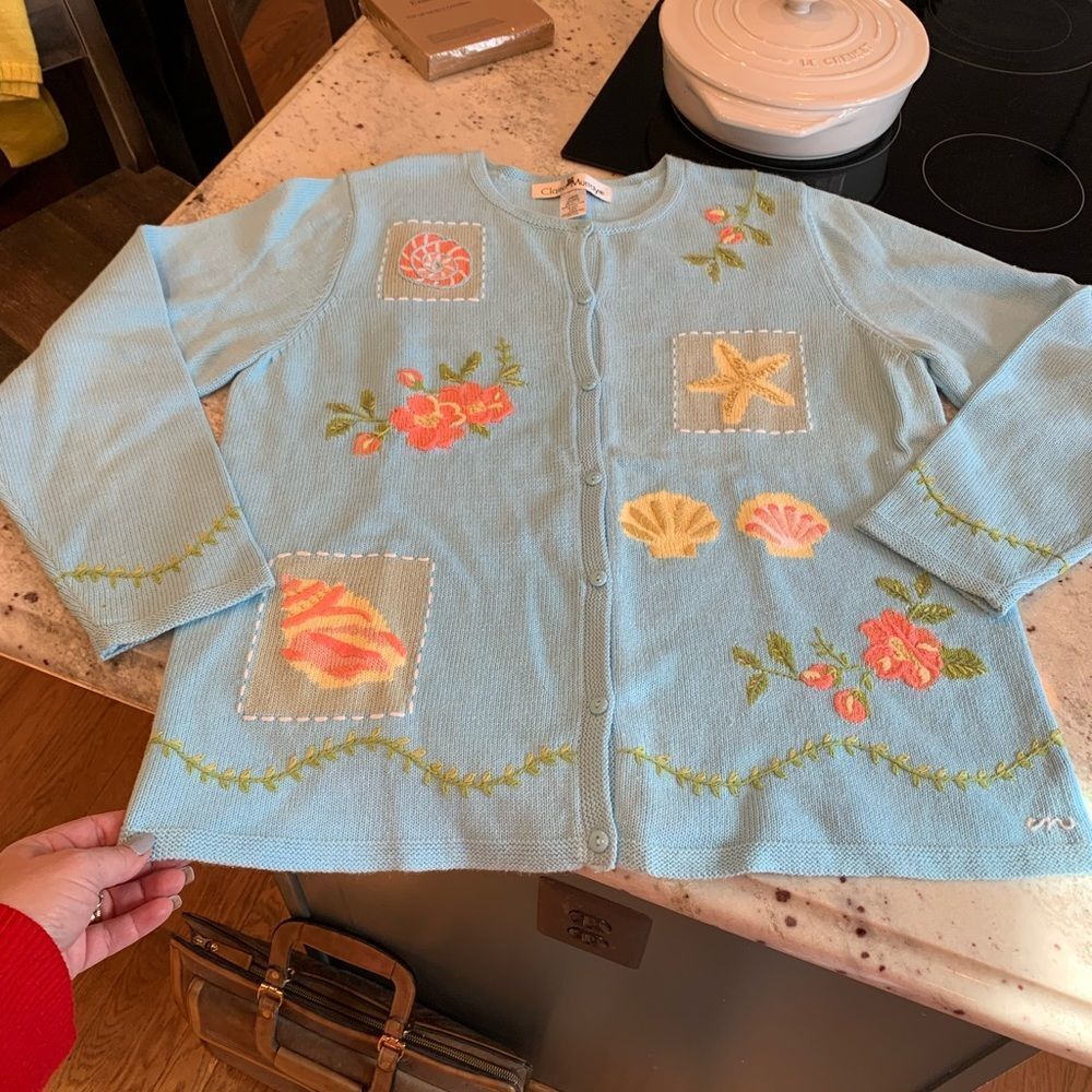 Claire Murray Sea Shell Themed Lt. Blue Knit Cardigan… - Gem
